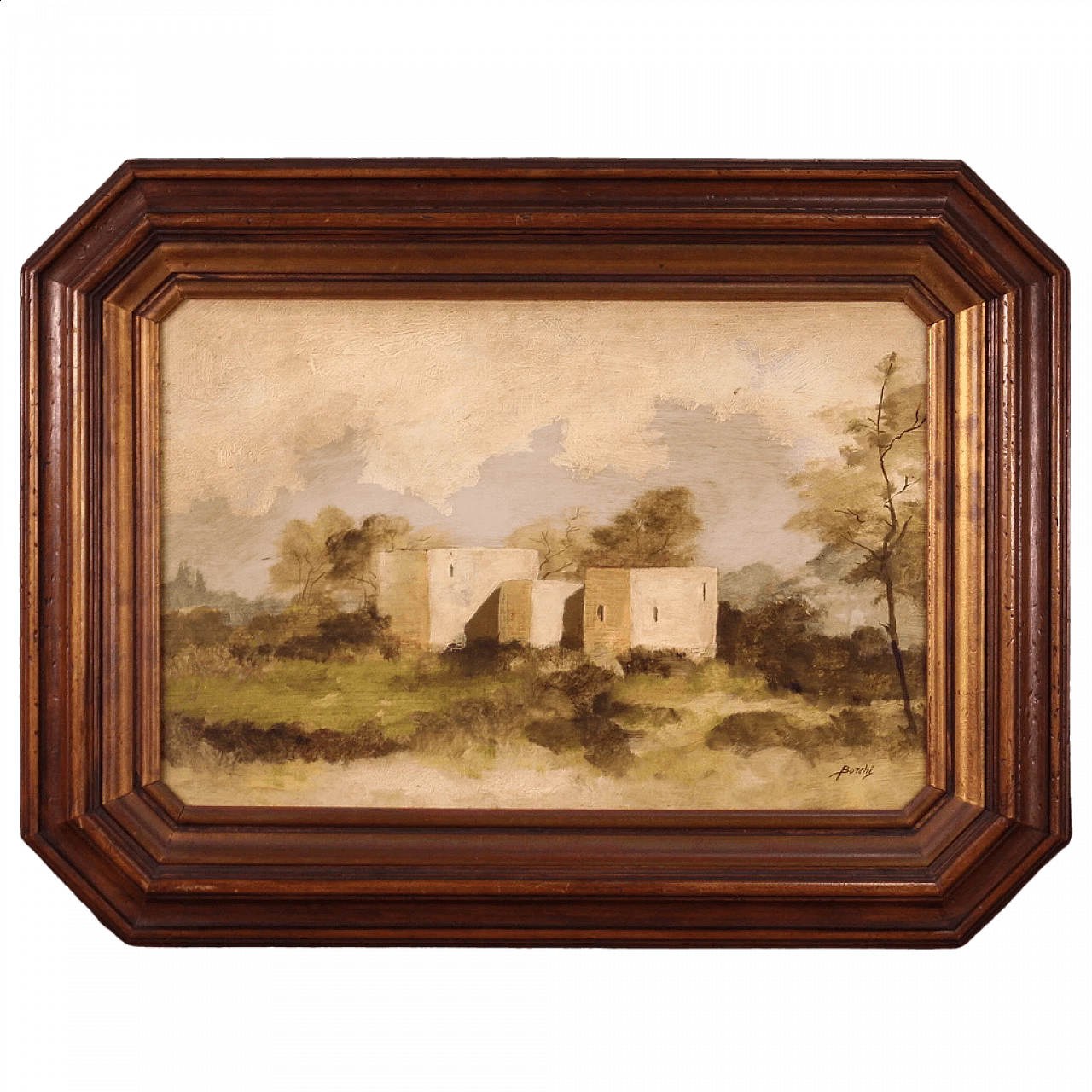 Landscape with buildings, oil on masonite, 1970s | intOndo