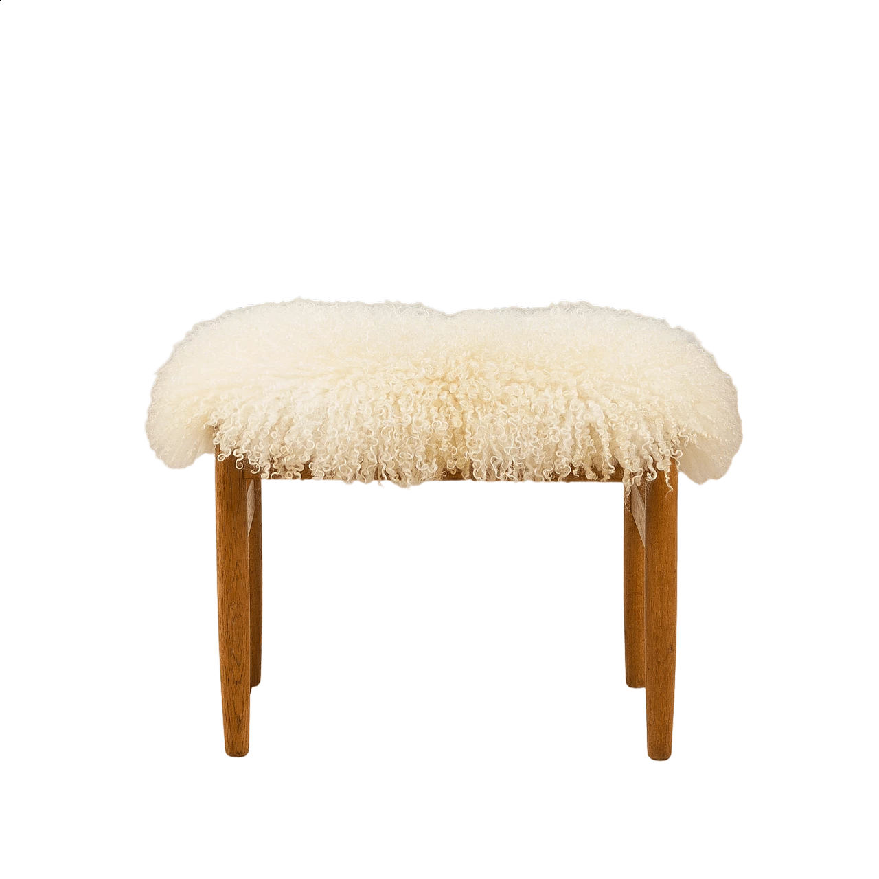 Danish solid oak footstool with long sheep's wool, 1970s | intOndo