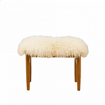 Danish solid oak footstool with long sheep's wool, 1970s | intOndo