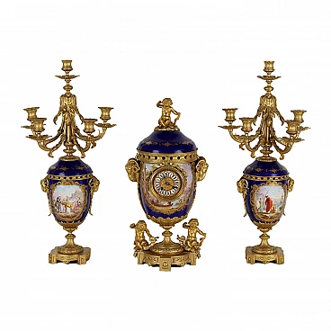Clock and two candlesticks in bronze and porcelain of Sevrès, late 19th ...