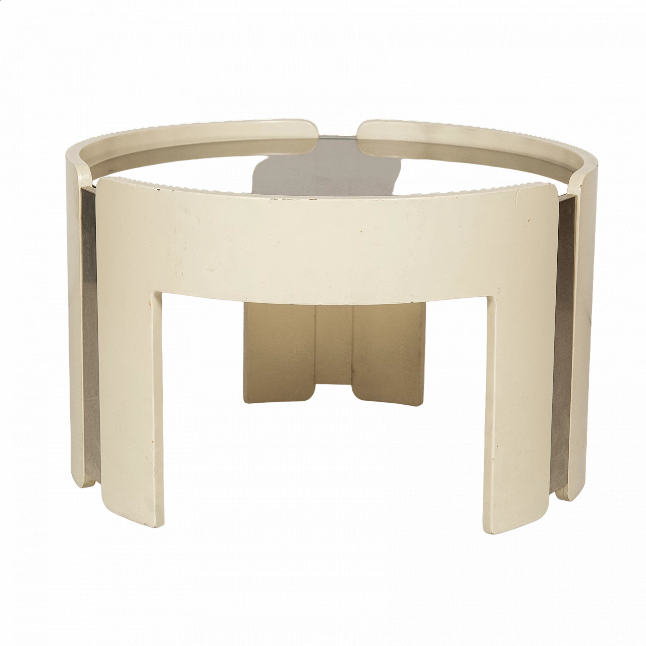 Round beige wood side table with smoked glass top, 1970s | intOndo