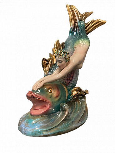Majolica sculpture of mermaid and fish by Bertolotti - Pannunzio, 1940s ...