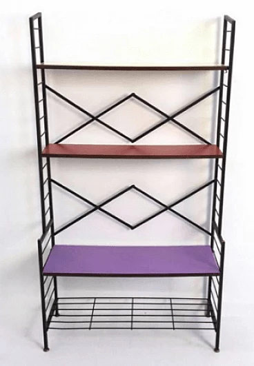 Iron bookcase with wood and colored formica shelves, 1960s | intOndo