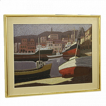 P. Baldini, view with boats and port, oil painting on canvas | intOndo