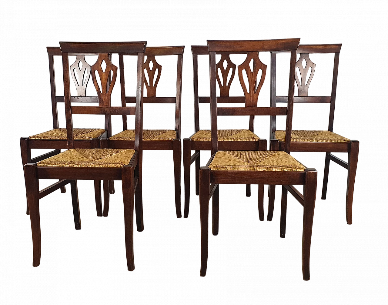 6 Walnut chairs with straw seats, 1980s | intOndo