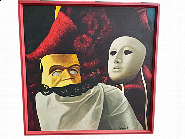 Antonio Sciacca, still life with masks, oil painting on canvas | intOndo