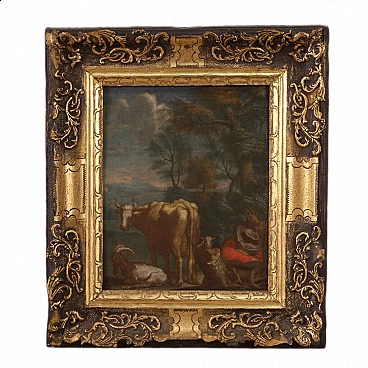 Bucolic landscape with shepherd and animals, oil painting on panel ...