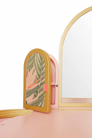 Oval bedroom vanity unit with velvet pouf, 2000s | intOndo