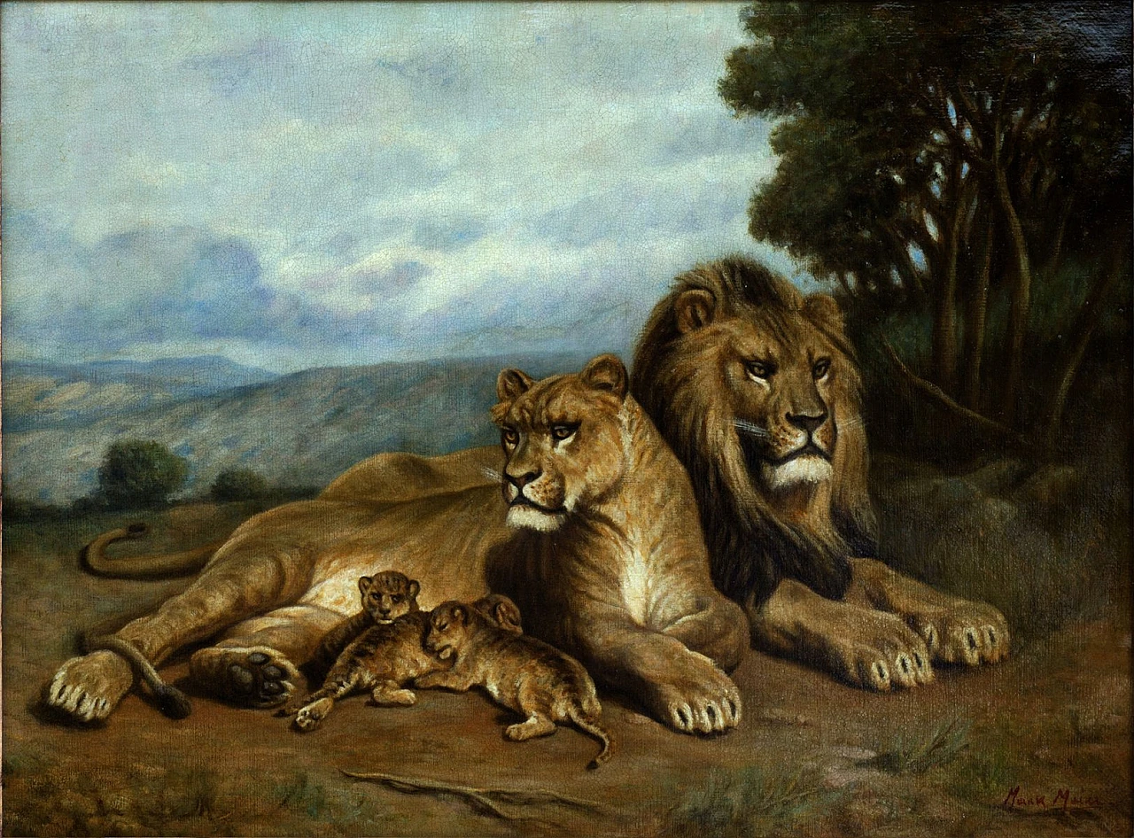 Mark Majer, Family of lions, oil on canvas, 1990s | intOndo