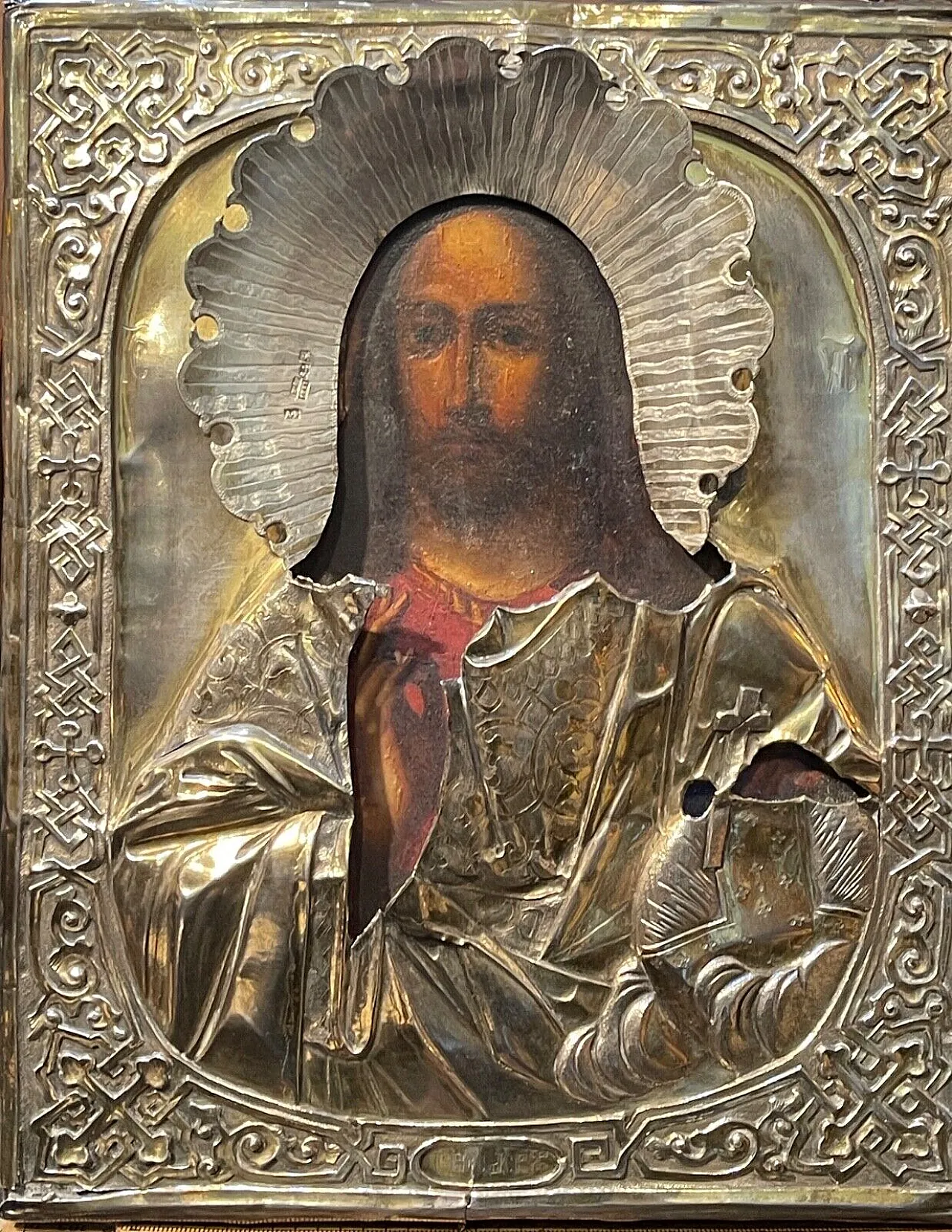 Antique Russian icon with riza, Christ Blessing, 19th Century | intOndo
