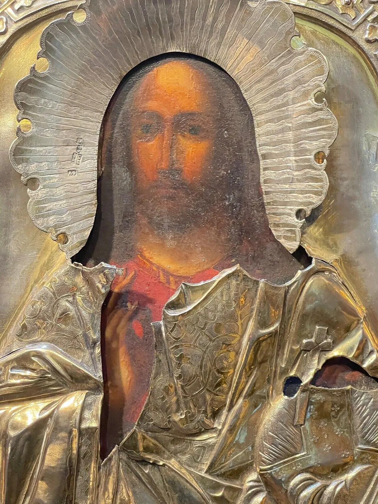 Antique Russian icon with riza, Christ Blessing, 19th Century | intOndo