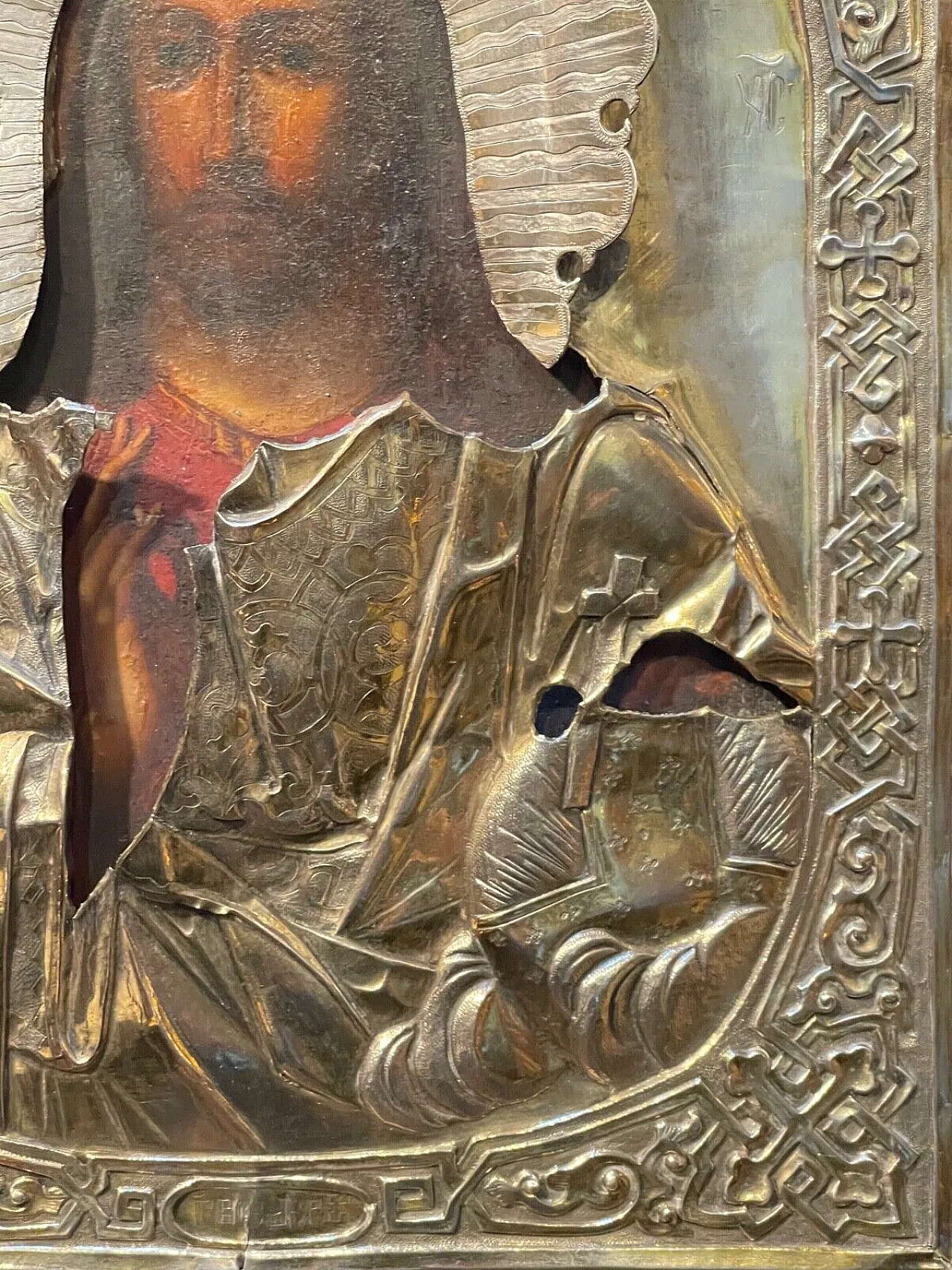 Antique Russian icon with riza, Christ Blessing, 19th Century | intOndo