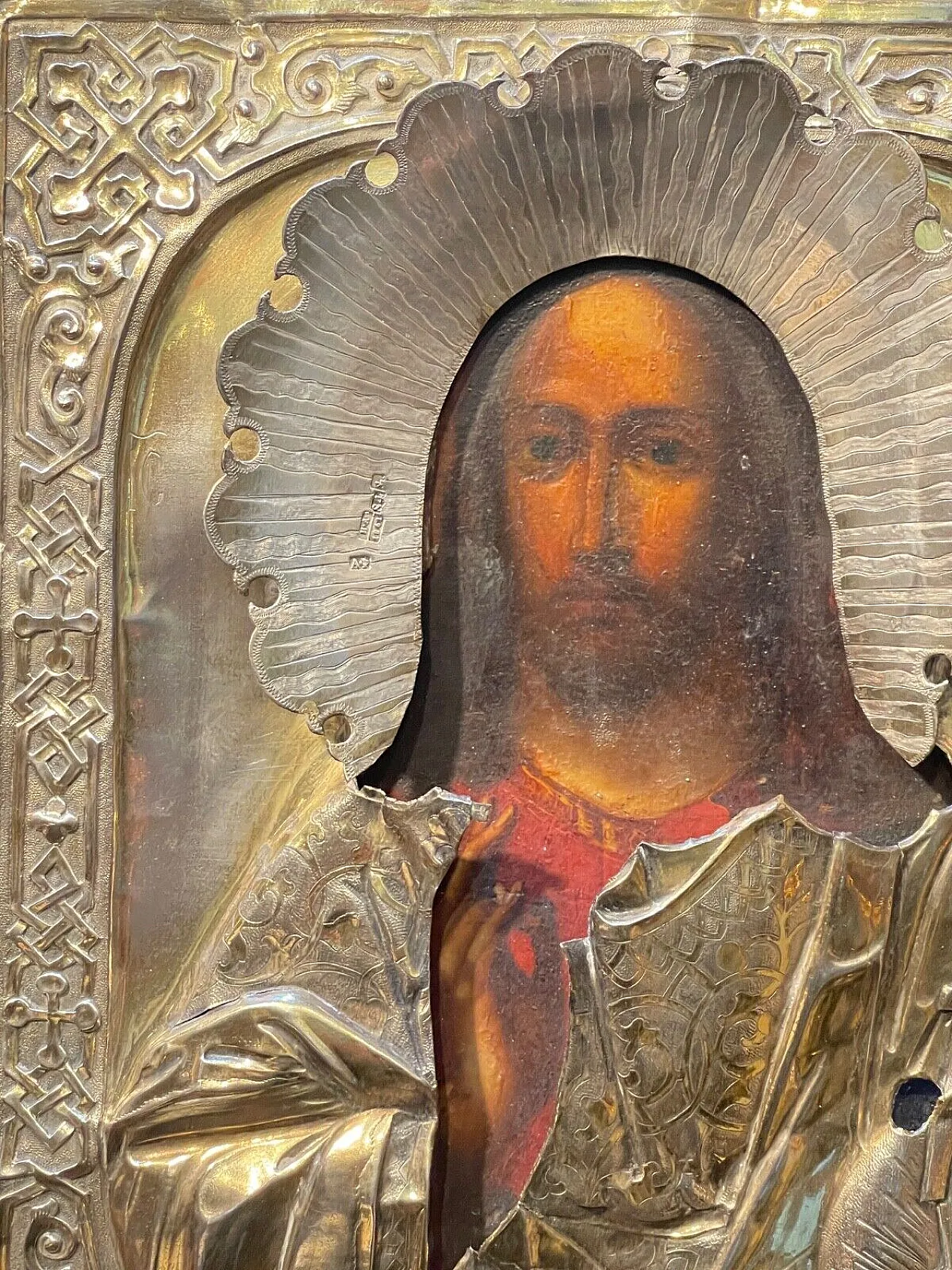 Antique Russian icon with riza, Christ Blessing, 19th Century | intOndo